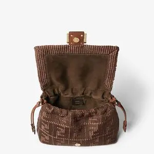 Fendi Baguette® Soft Medium Sellier Brown Raffia-effect Material Woven Bag With Ff Embroidery